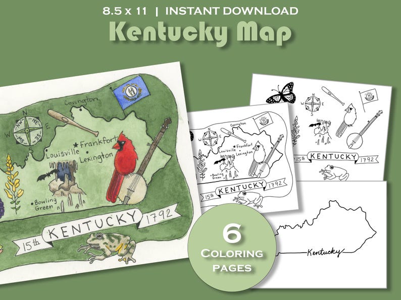 Kentucky Coloring Page Printable, State Map Worksheet, Travel Poster ...