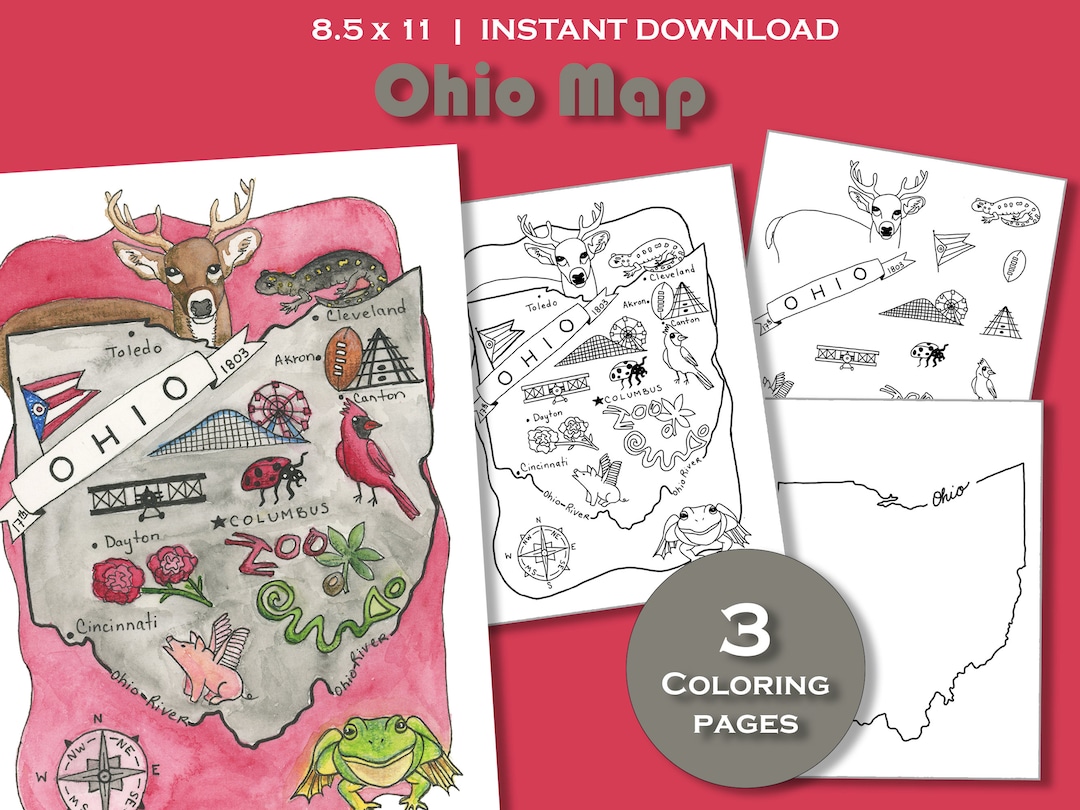 Ohio Coloring Page Printable, State Map Packet, Travel Poster Print ...