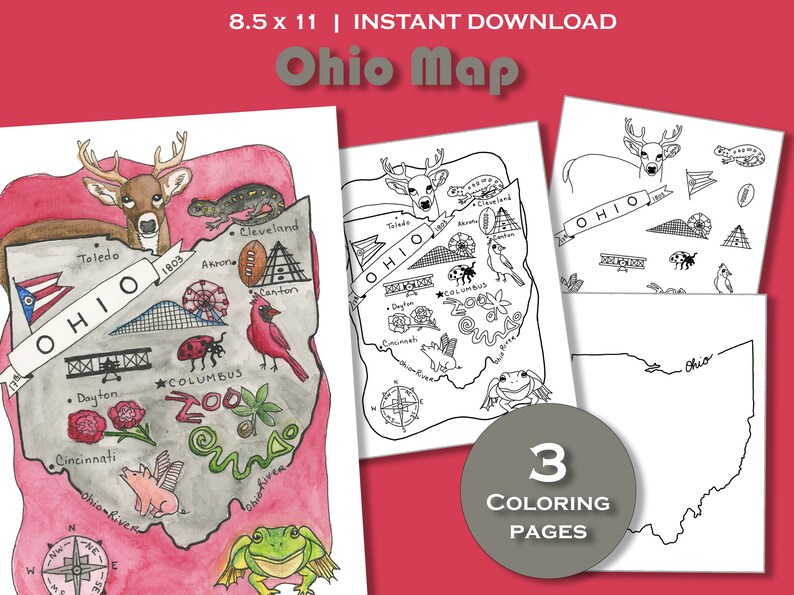 Ohio Coloring Page Printable, State Map Packet, Travel Poster Print ...