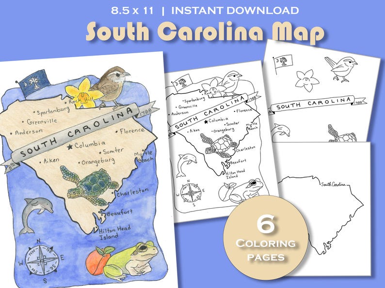 South Carolina Coloring Page Printable, State Map Packet, Travel Poster ...
