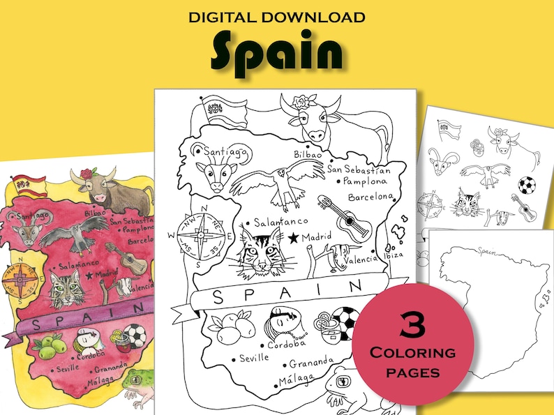 Spain Coloring Page: Map Activity, Symbols, and Europe Geography ...