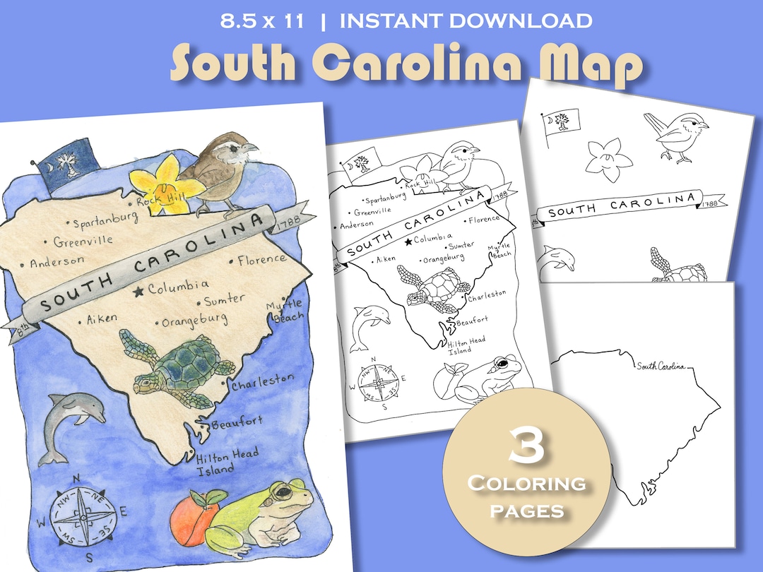 South Carolina Coloring Page Printable, State Map Packet, Travel Poster ...