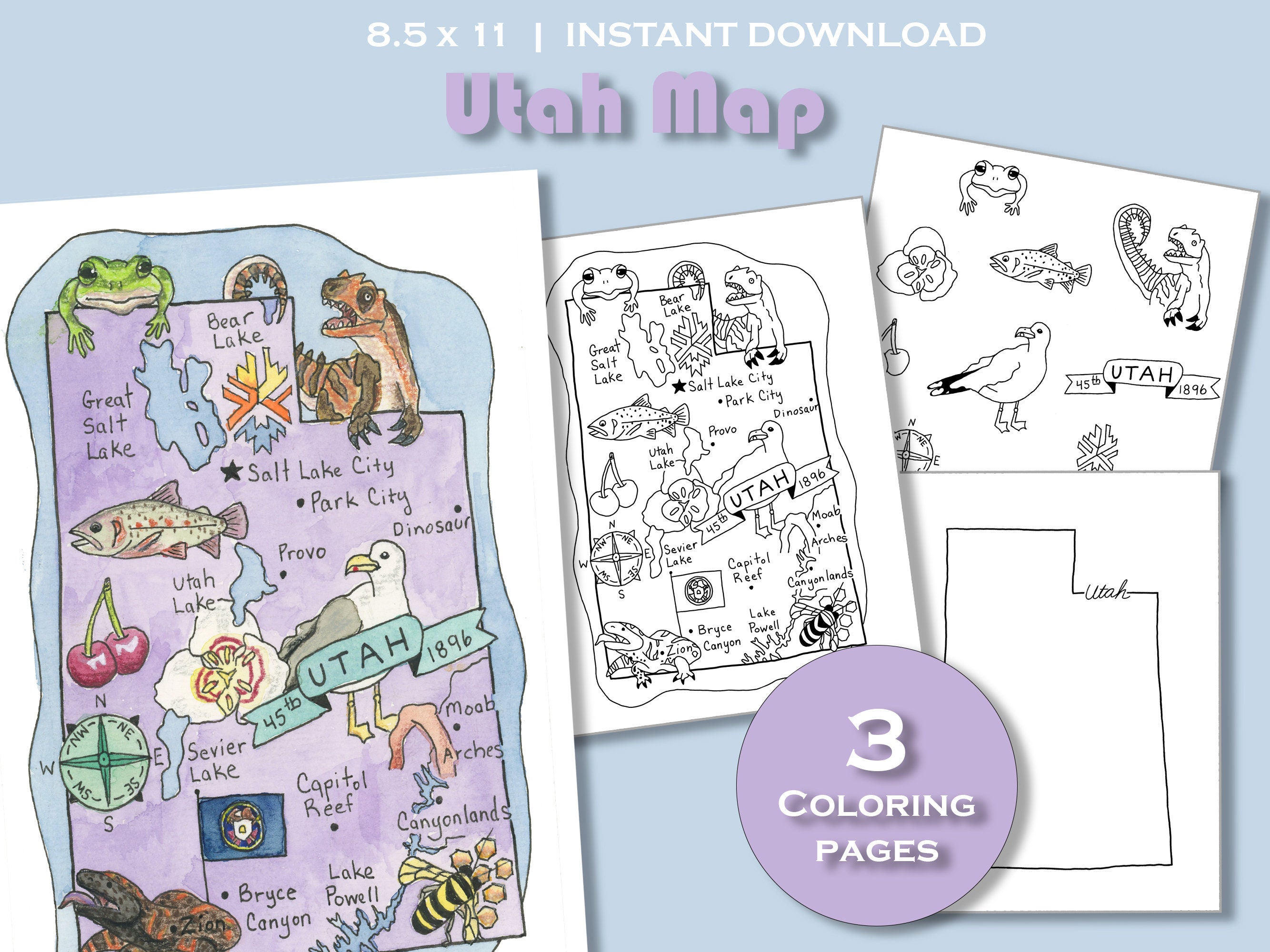 Utah Coloring Page Printable, State Map Packet, Travel Poster Print ...