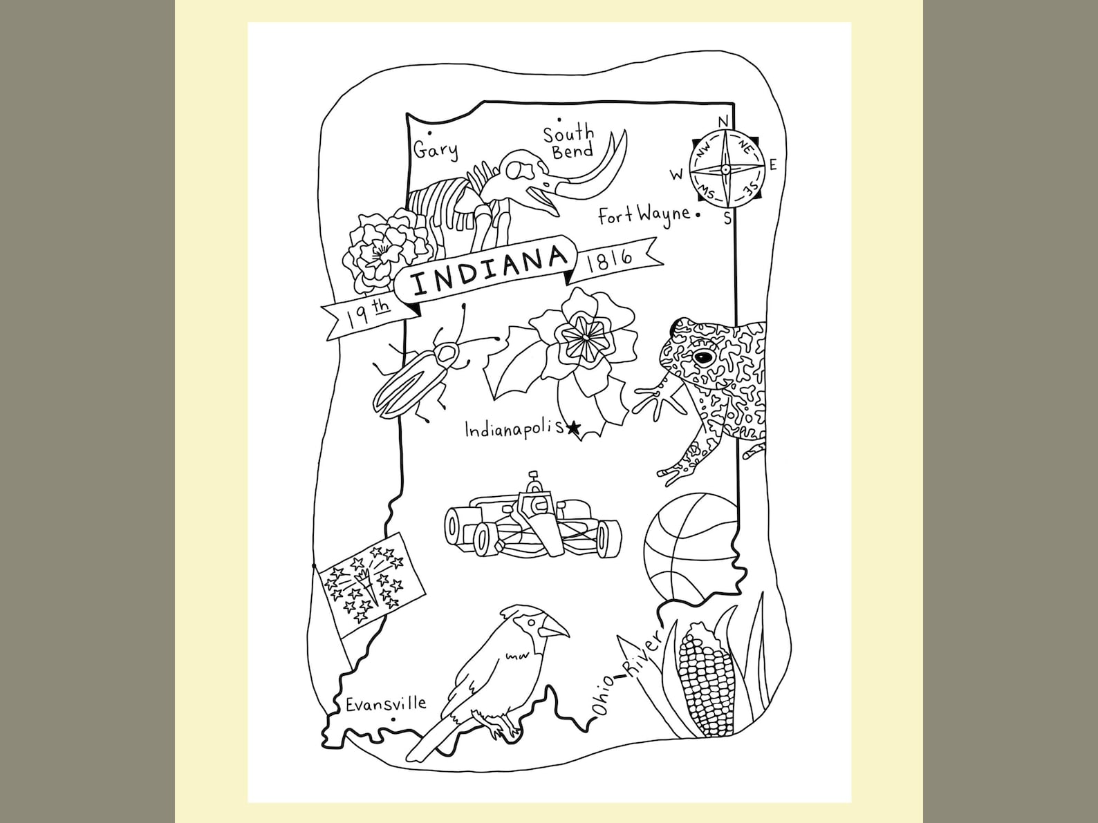 Indiana Coloring Page: State Map Activity, Symbols, and USA Geography ...