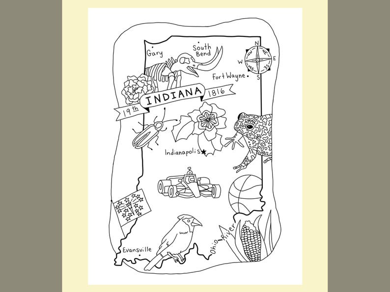 Indiana Coloring Page Printable, State Map Worksheet, Travel Poster ...