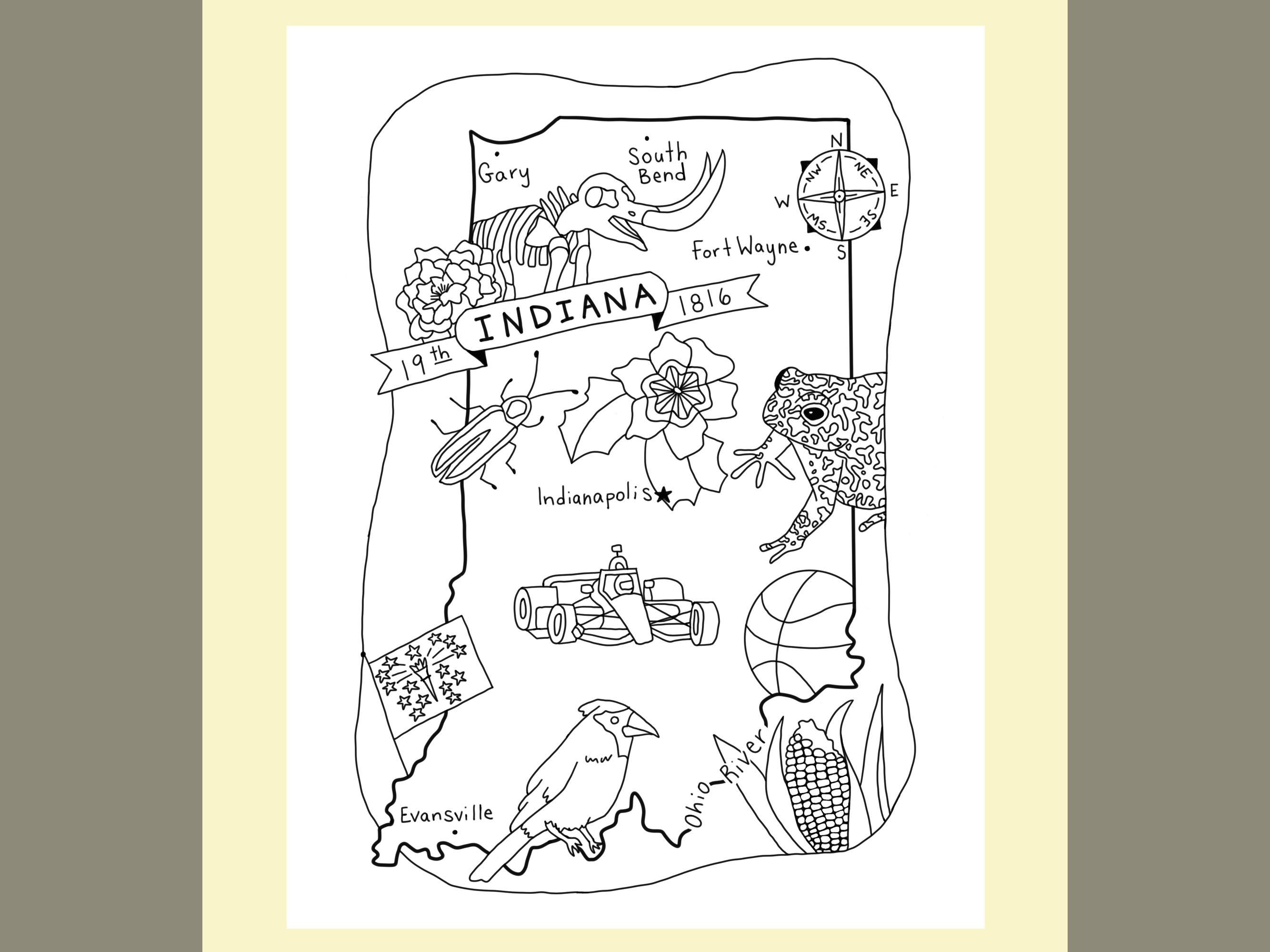 Indiana Coloring Page Printable, State Map Packet, Travel Poster Print ...