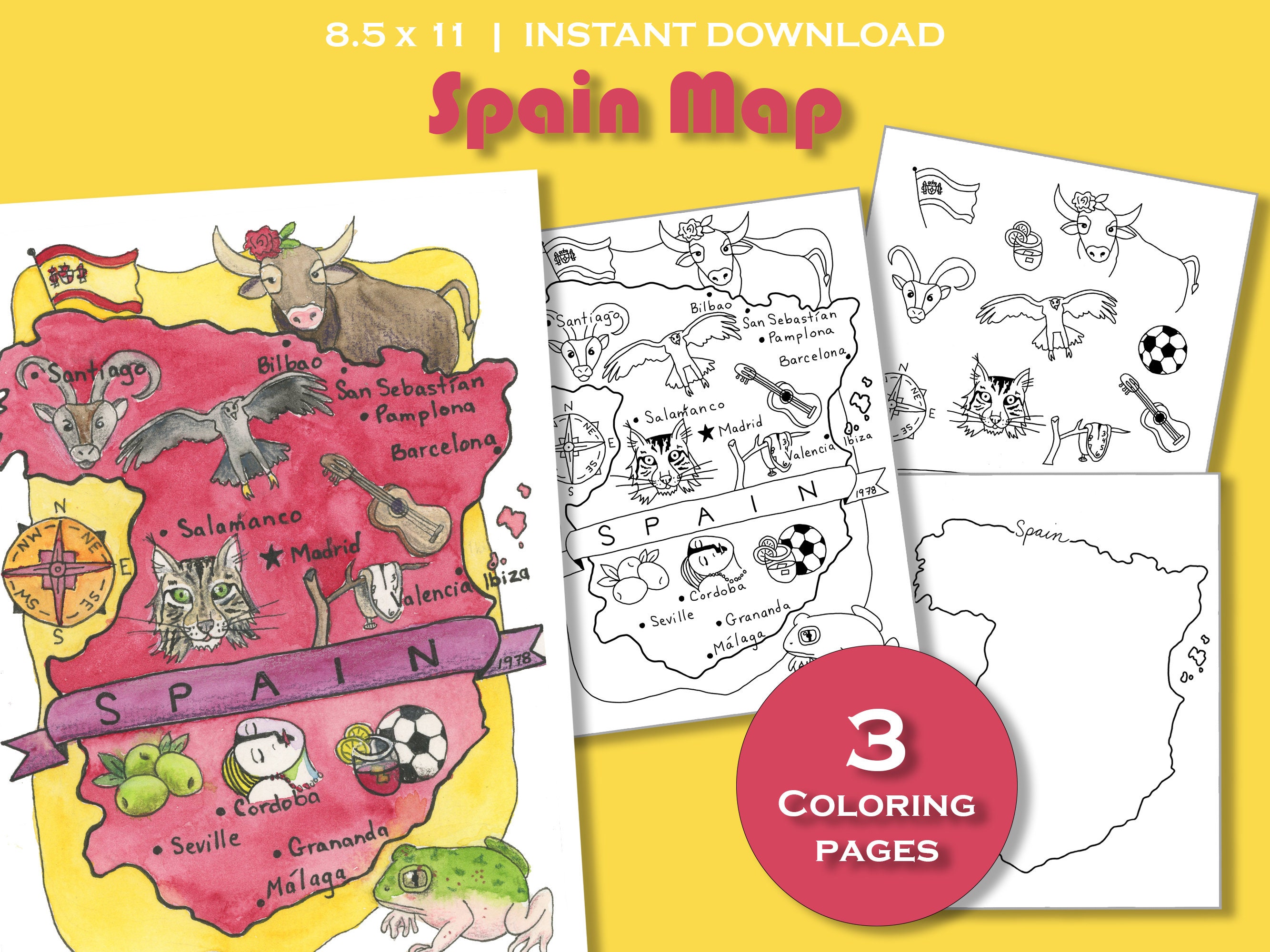 Spain Coloring Page Printable, Country Map Packet, Travel Poster Print ...
