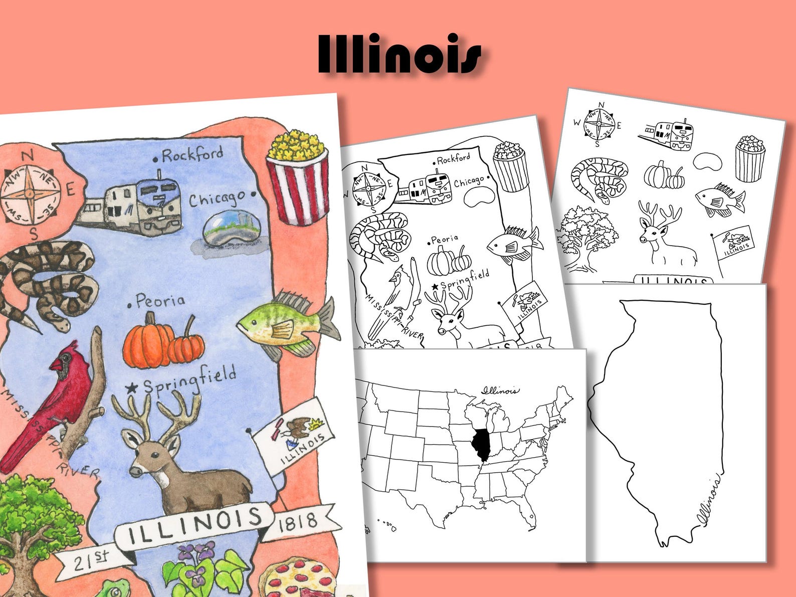 Great Lakes Coloring Page Printable, State Map Poster Print, Education ...