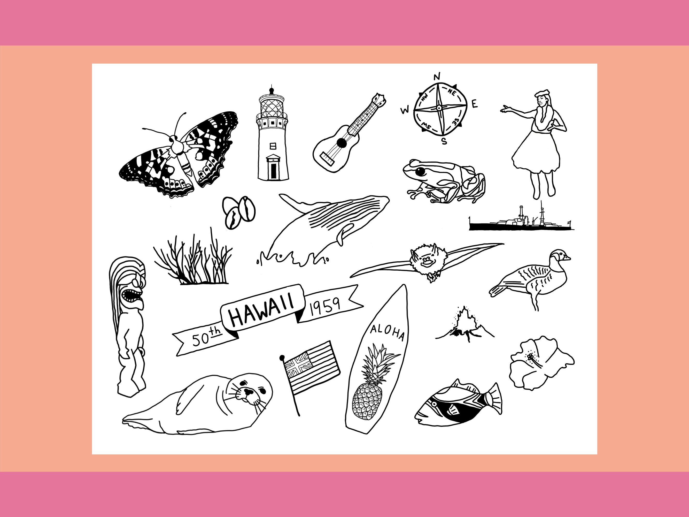 Hawaii Coloring Page: State Map Activity, Symbols, and USA Geography ...