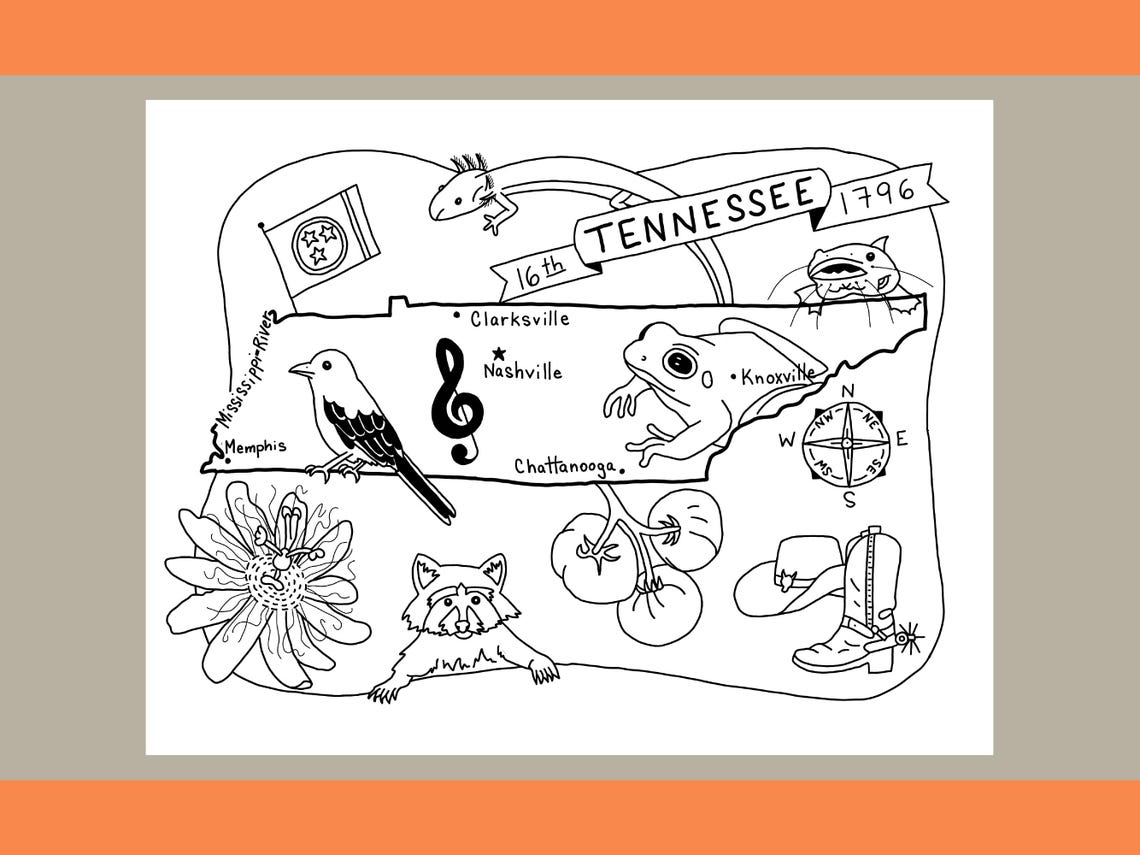 Tennessee Coloring Page Printable, State Map Packet, Travel Poster ...