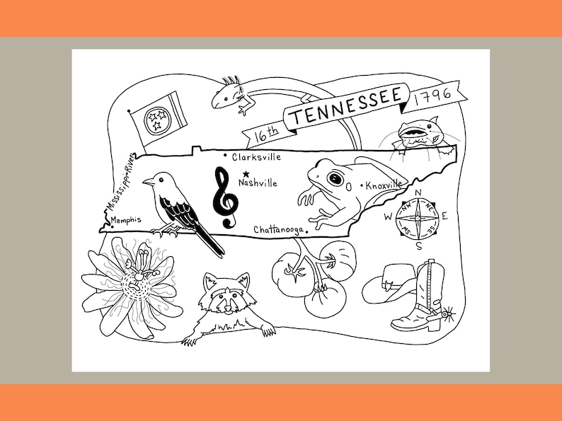 Tennessee Coloring Page Printable, State Map Packet, Travel Poster ...
