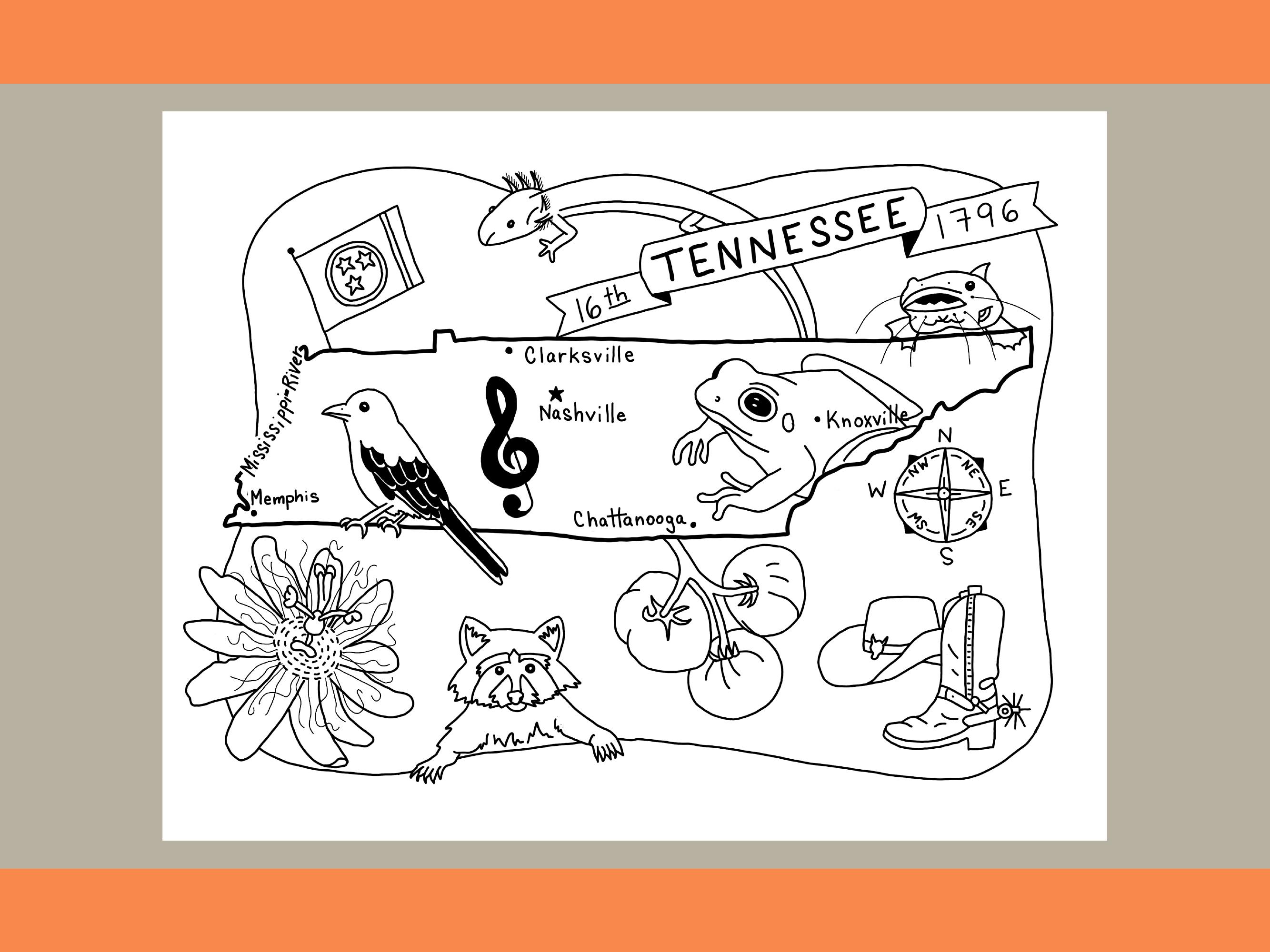 Tennessee Coloring Page: State Map Activity, Symbols, and USA Geography ...