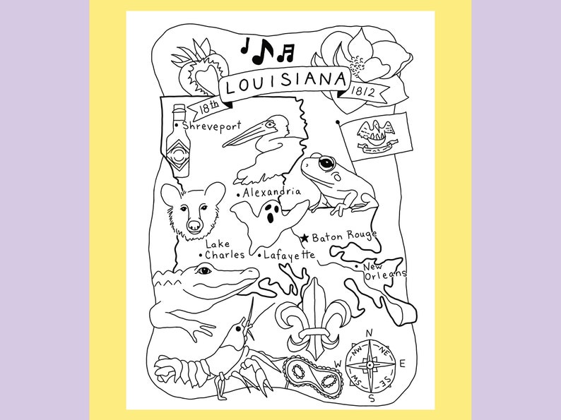 Louisiana Coloring Page Printable, State Map Worksheet, Travel Poster ...