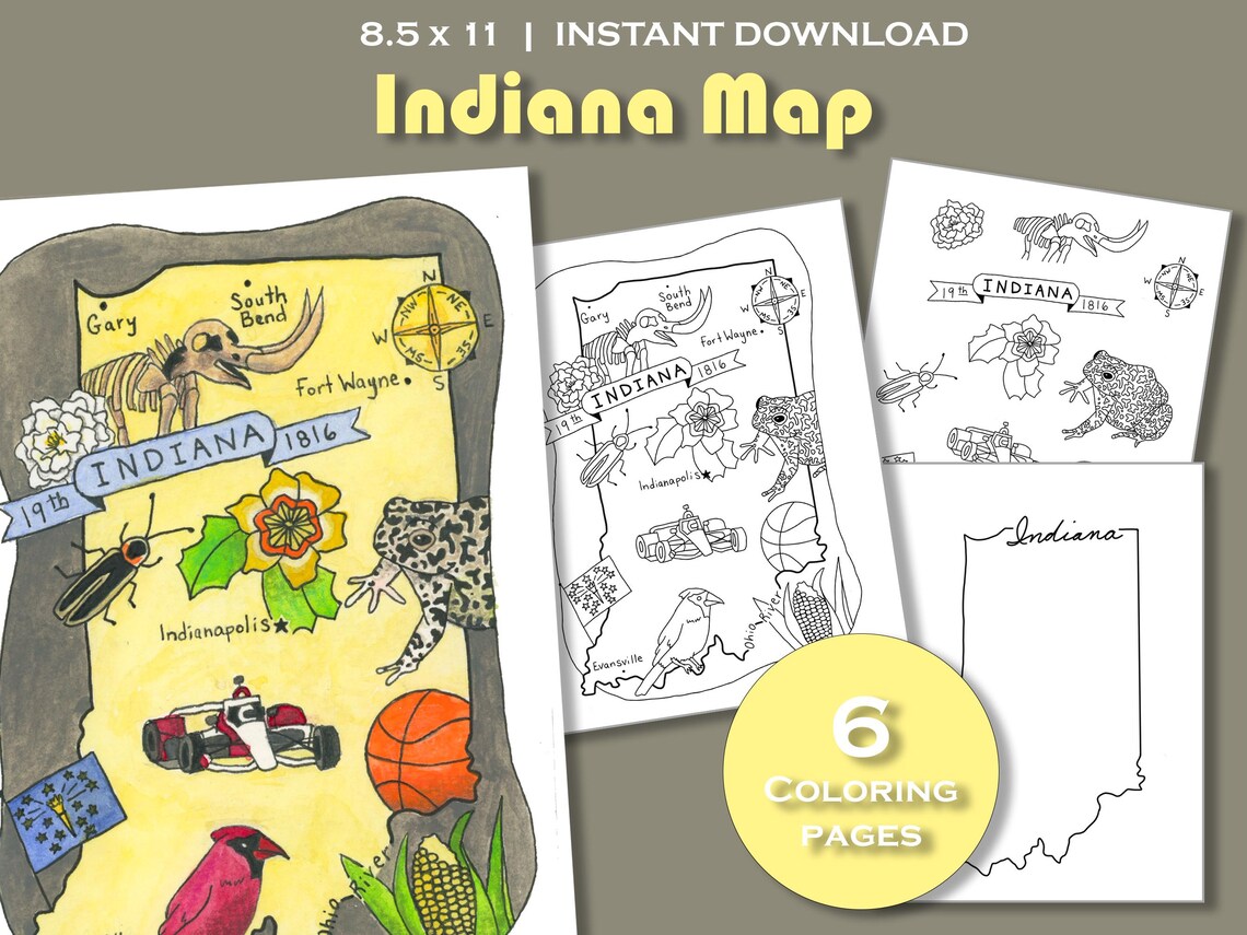 Indiana Coloring Page Printable, State Map Packet, Travel Poster Print ...