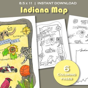 Indiana Coloring Page Printable, State Map Packet, Travel Poster Print ...