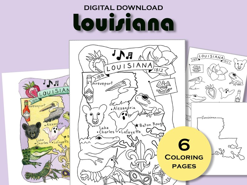 Louisiana Coloring Page Printable, State Map Worksheet, Travel Poster ...
