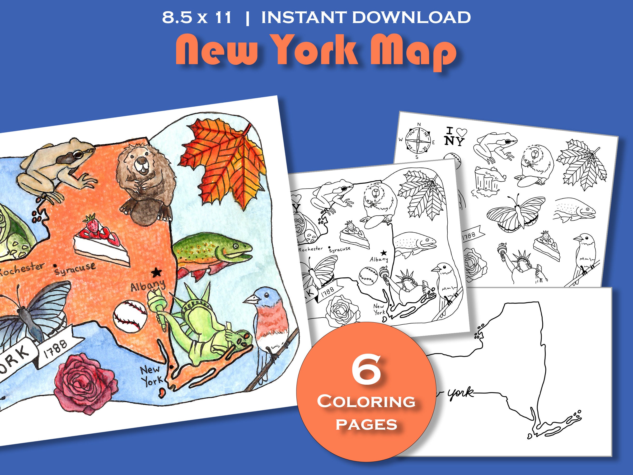 New York Coloring Page Printable, State Map Packet, Travel Poster Print ...
