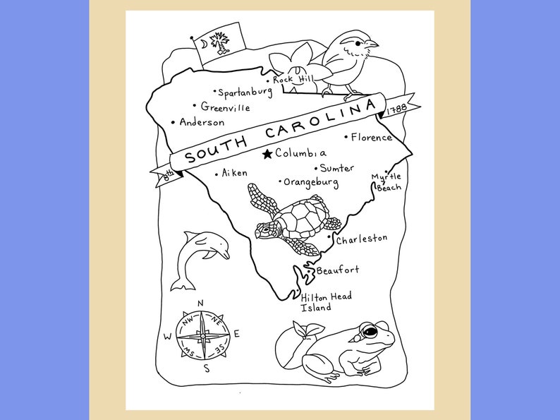 South Carolina Coloring Page Printable, State Map Packet, Travel Poster ...