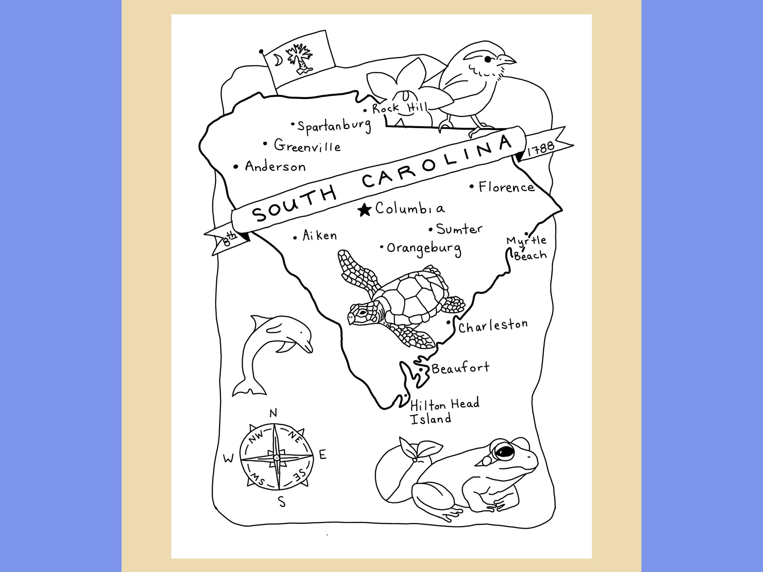 South Carolina Coloring Page Printable, State Map Packet, Travel Poster ...