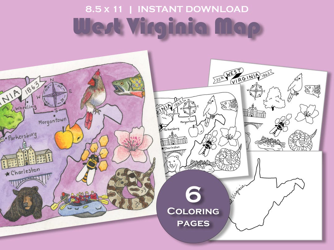 West Virginia Coloring Page Printable, State Map Packet, Travel Poster ...