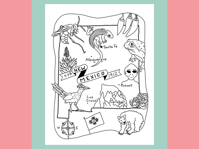 New Mexico Coloring Page: State Map Activity, Symbols, and USA ...