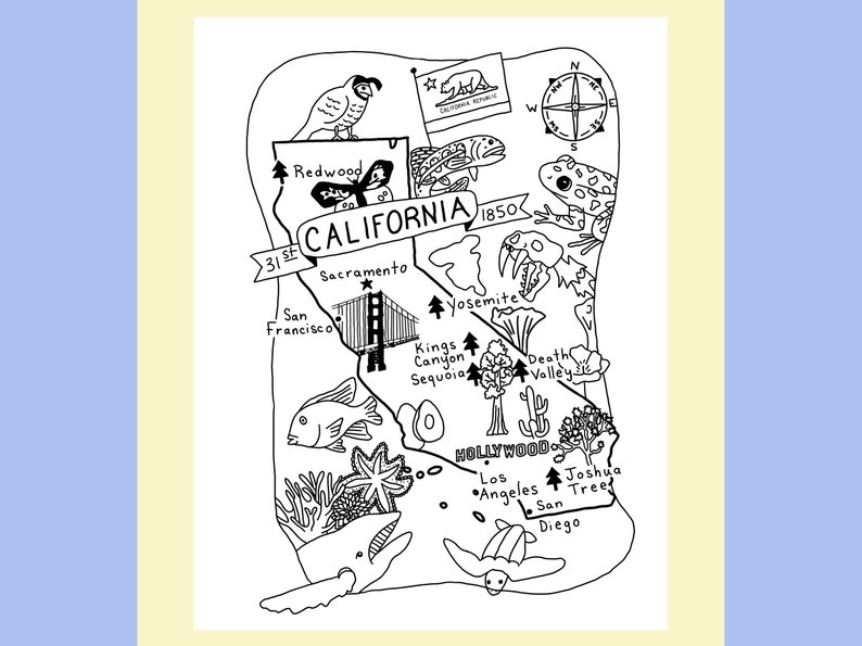 California Map Coloring Page: State Symbols, Cities (digital Download ...