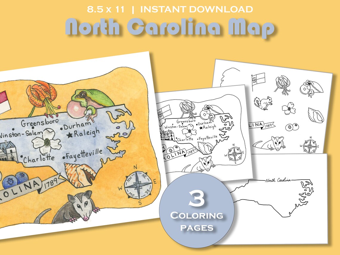 North Carolina Coloring Page Printable, State Map Packet, Travel Poster ...