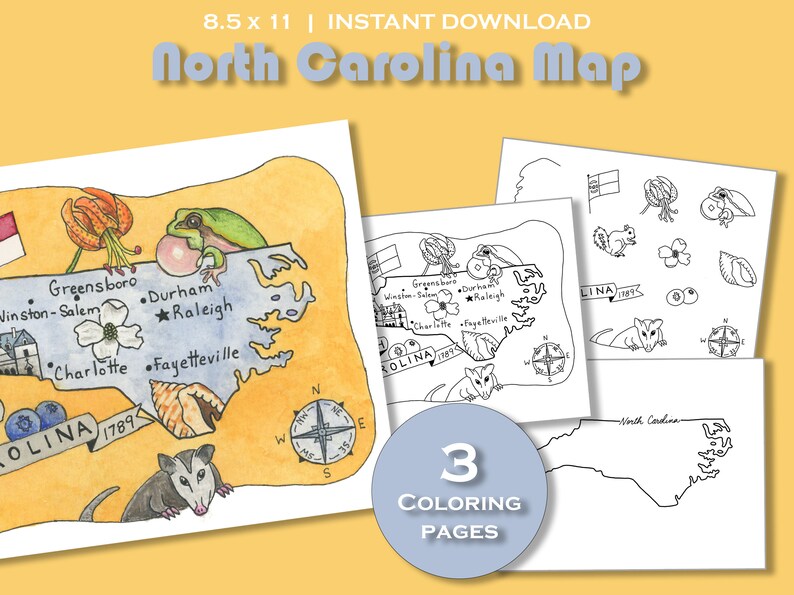 North Carolina Coloring Page Printable, State Map Packet, Travel Poster ...