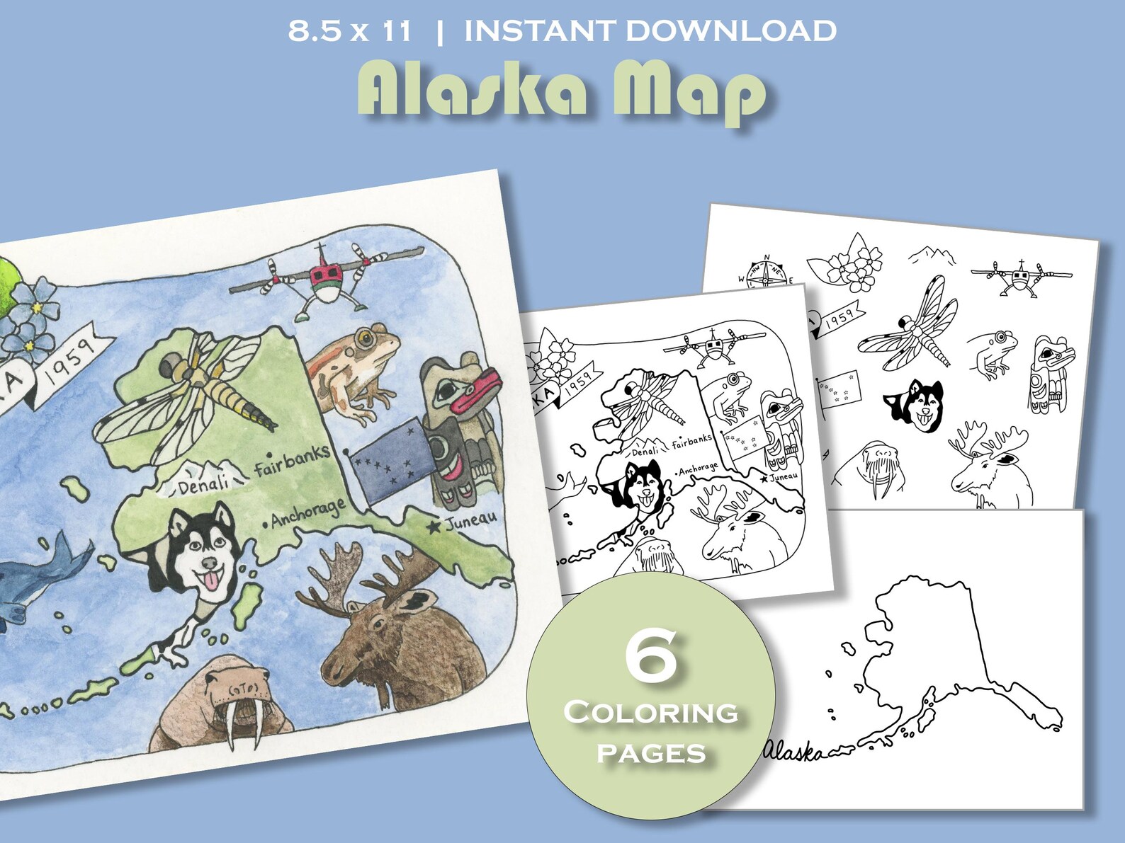 Alaska Coloring Page Printable, State Map Packet, Travel Poster Print ...