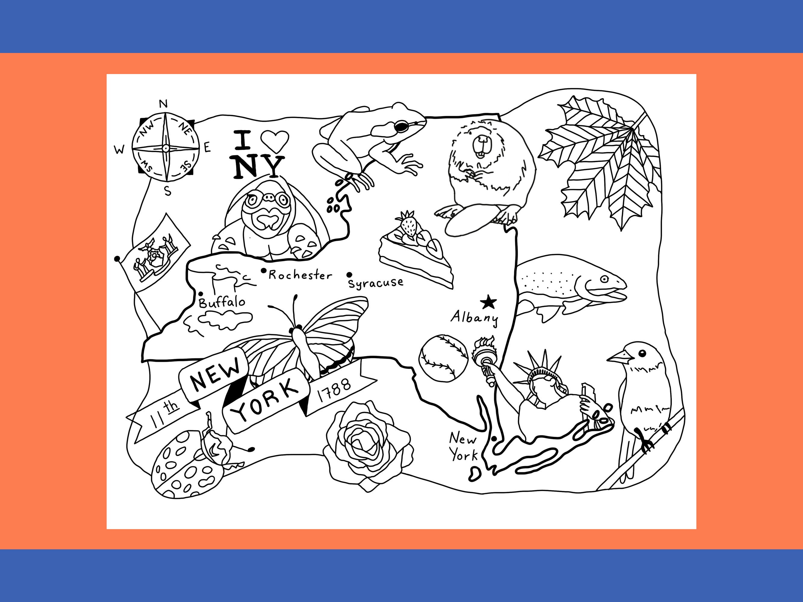 New York Coloring Page Printable, State Map Packet, Travel Poster Print ...