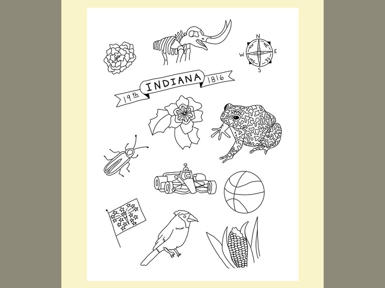Indiana Coloring Page Printable, State Map Worksheet, Travel Poster ...