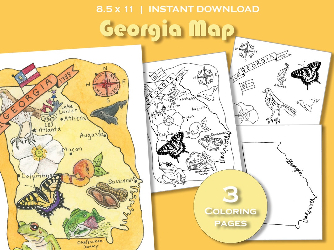 Georgia Coloring Page Printable, State Map Packet, Travel Poster Print ...