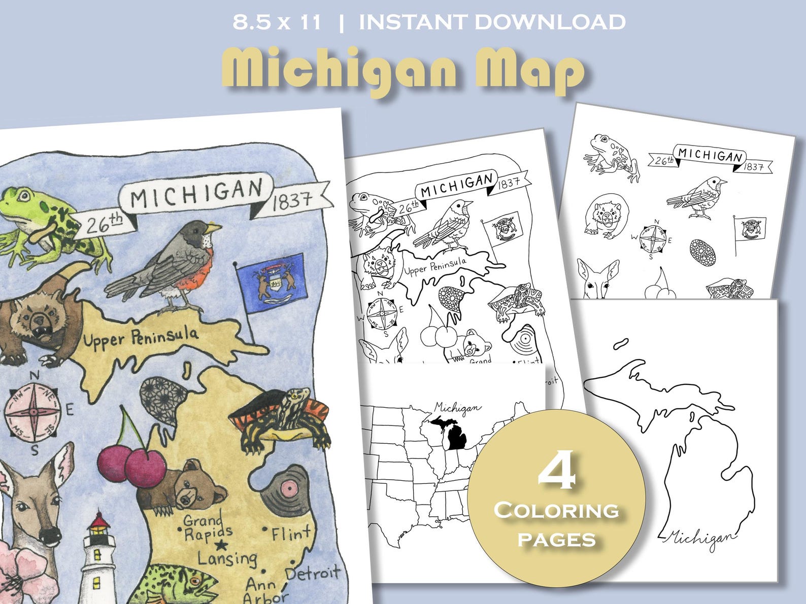 Great Lakes Coloring Page Printable, State Map Poster Print, Education ...