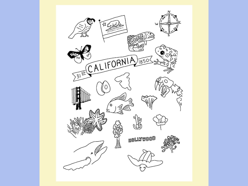 California Map Coloring Page: State Symbols, Cities (digital Download ...