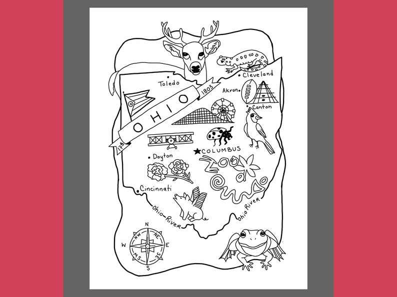 Ohio Coloring Page Printable, State Map Packet, Travel Poster Print ...