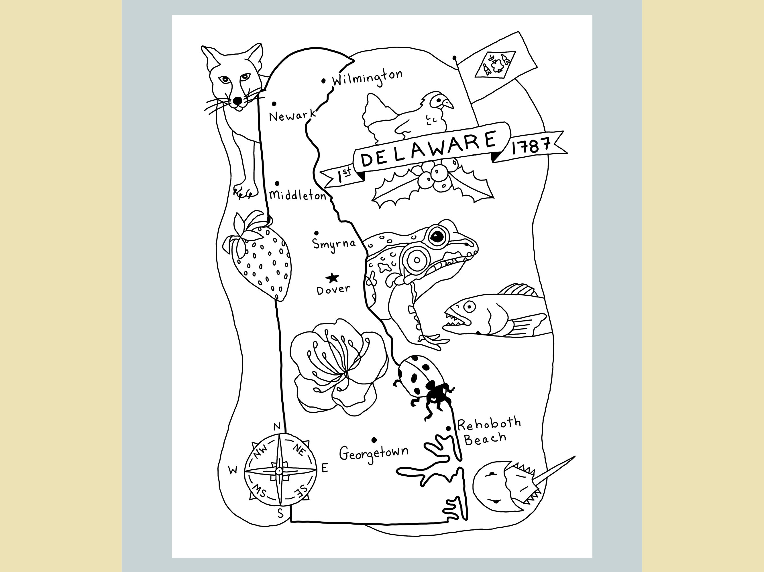 Delaware Coloring Page Printable, State Map Packet, Travel Poster Print ...