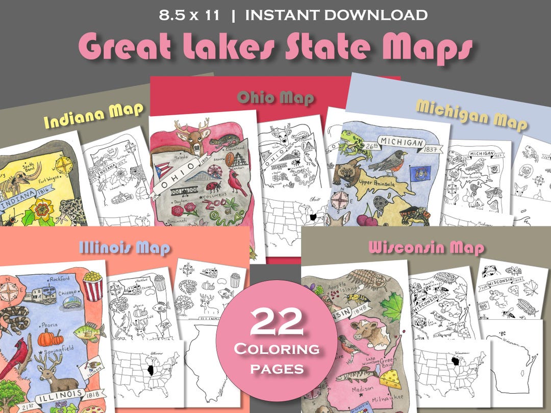 Great Lakes Coloring Page Printable, State Map Poster Print, Education ...