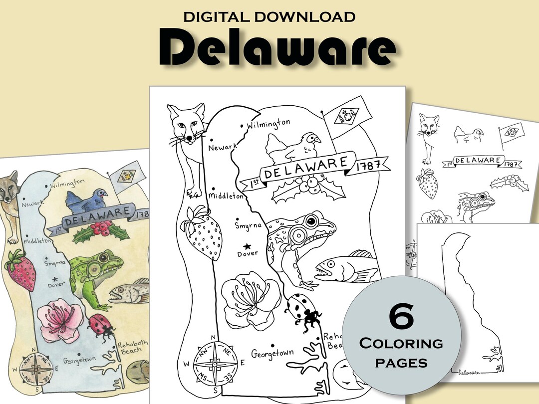 Delaware Coloring Page Printable, State Map Packet, Travel Poster Print ...