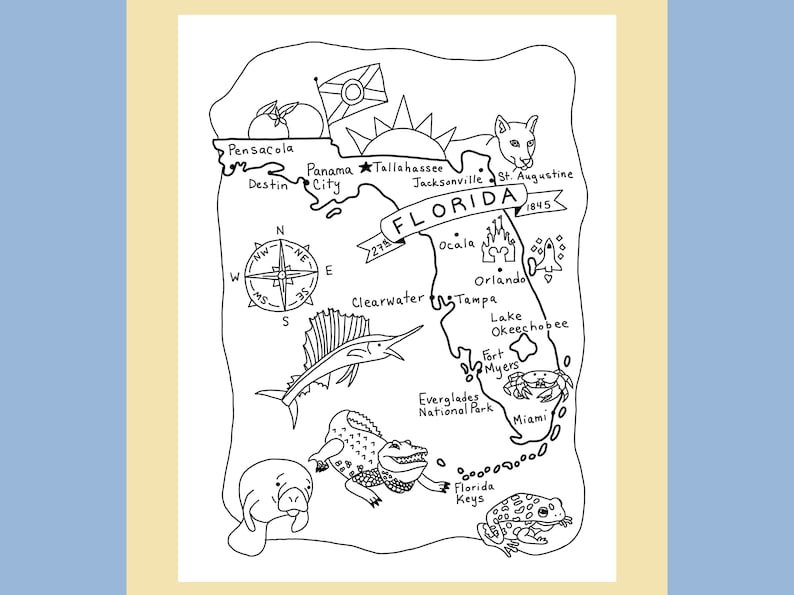 Florida Coloring Page Printable, State Map Worksheet, Travel Poster ...