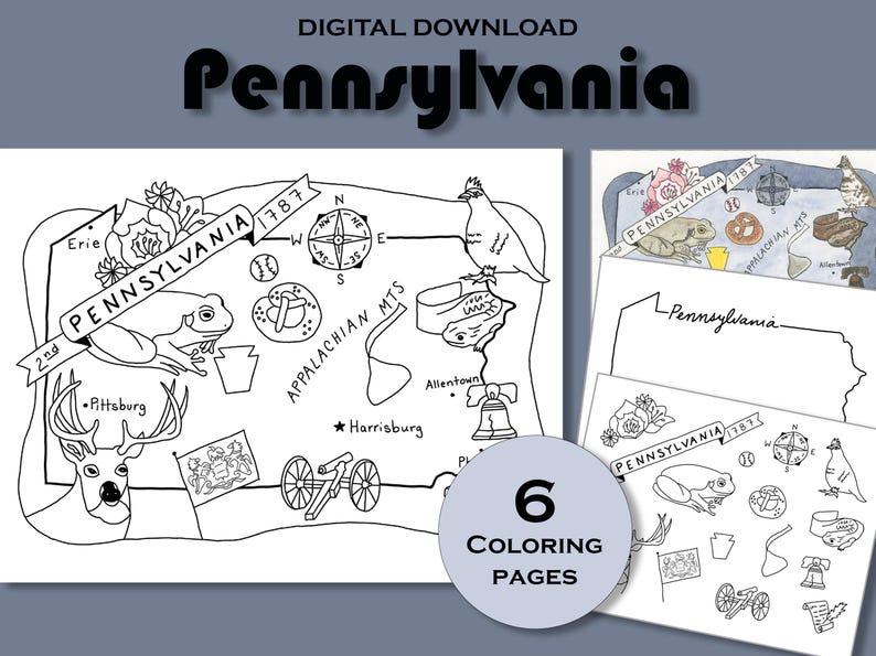 Pennsylvania Coloring Page Printable, State Map Activity for Kids, USA ...