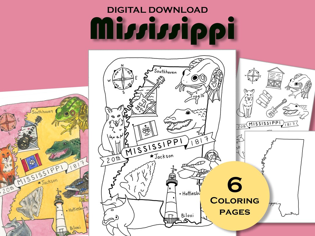 Mississippi Map Coloring Page: State Symbols, Cities (digital Download ...