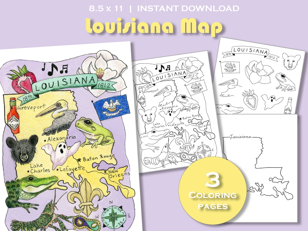 Louisiana Coloring Page Printable, State Map Packet, Travel Poster ...