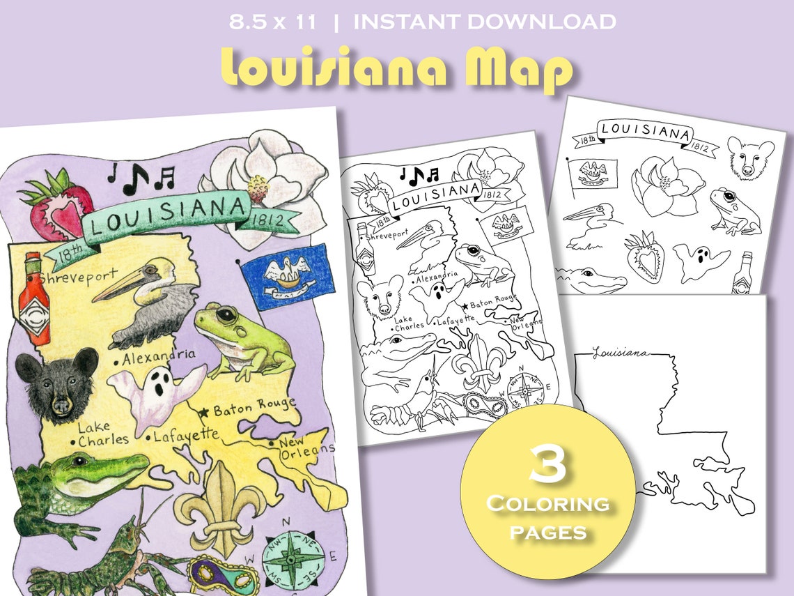 Louisiana Coloring Page Printable, State Map Packet, Travel Poster ...