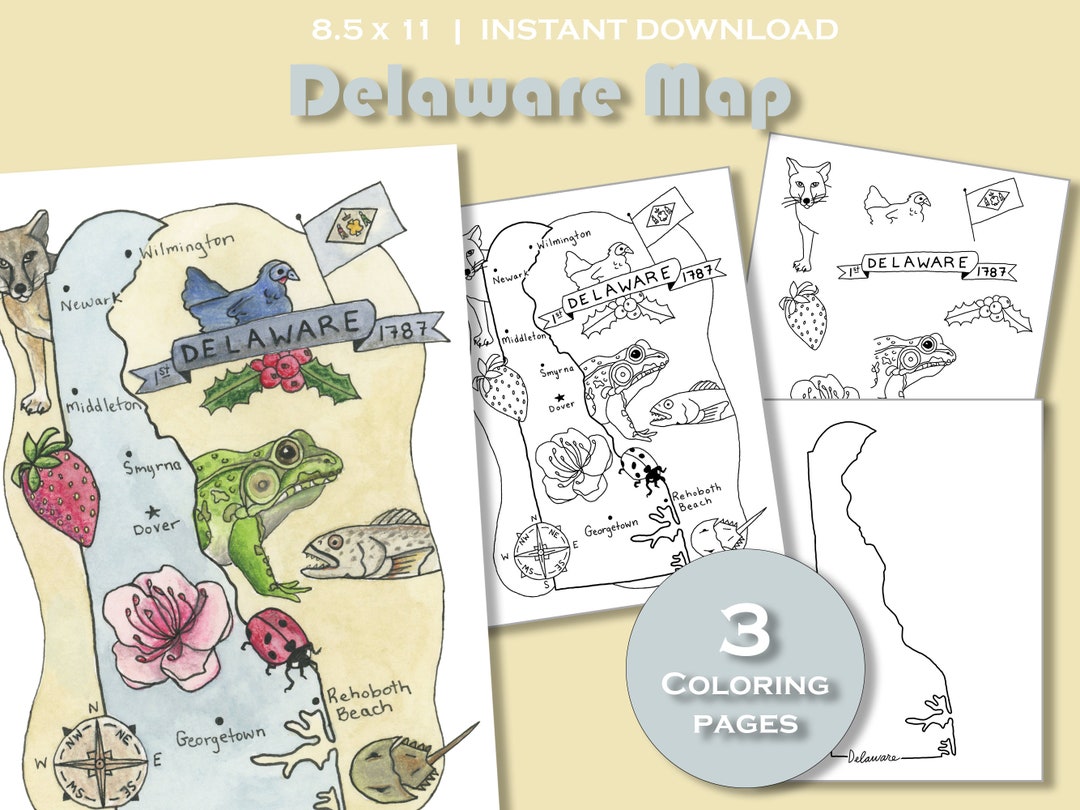 Delaware Coloring Page Printable, State Map Packet, Travel Poster Print ...