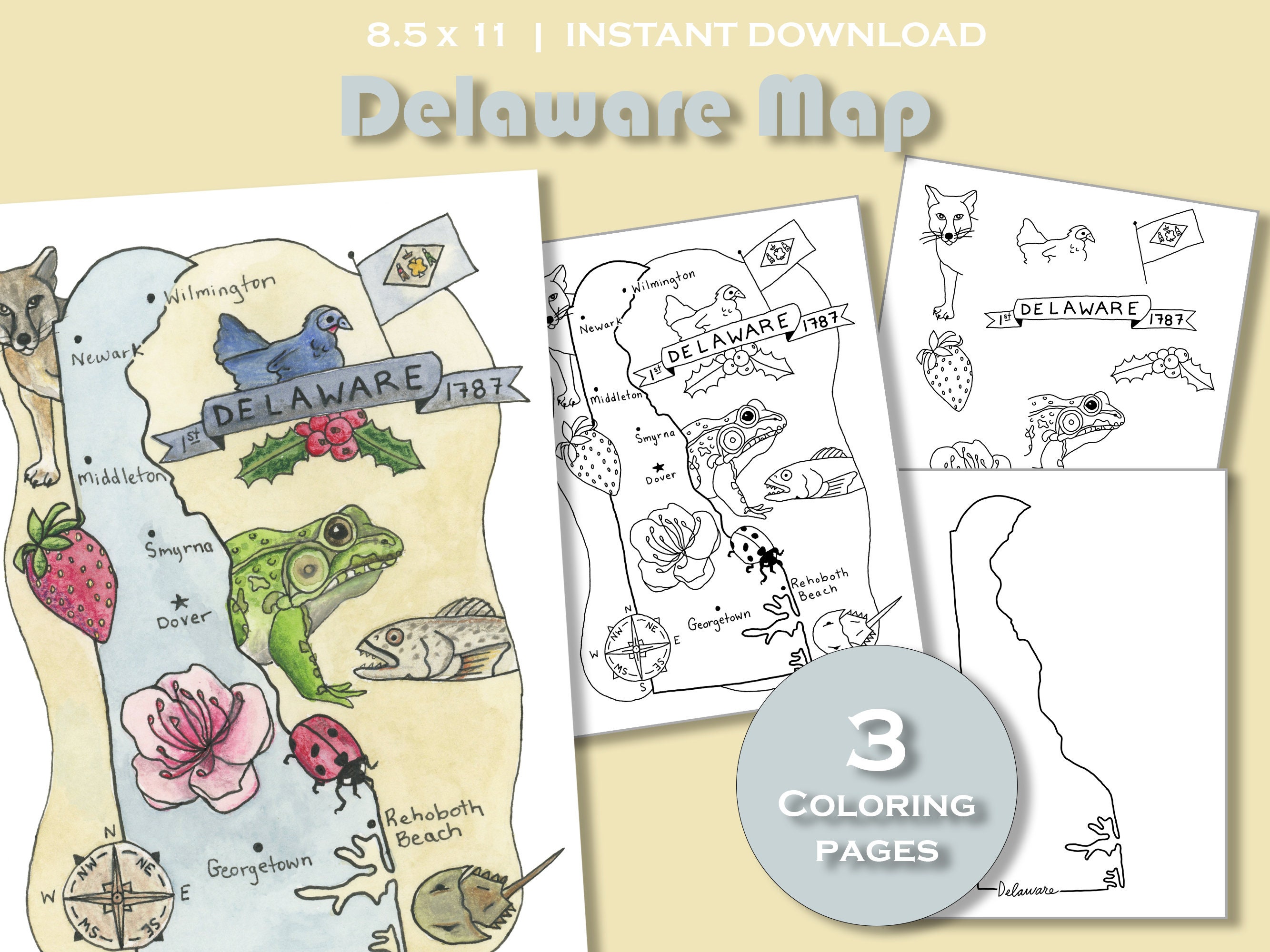 Delaware Coloring Page Printable, State Map Packet, Travel Poster Print ...