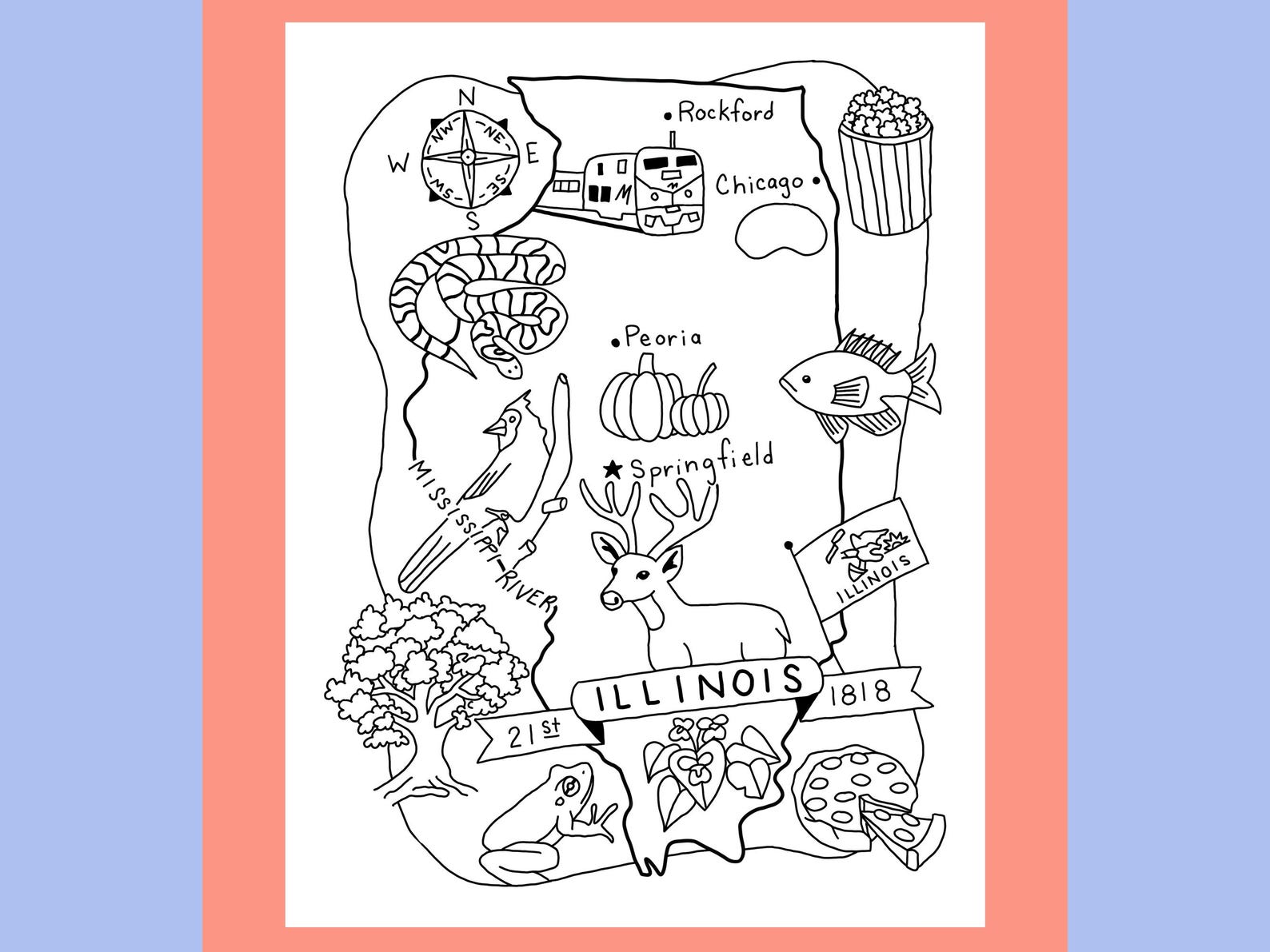 Illinois Coloring Page Printable, State Map Activity for Kids, USA ...