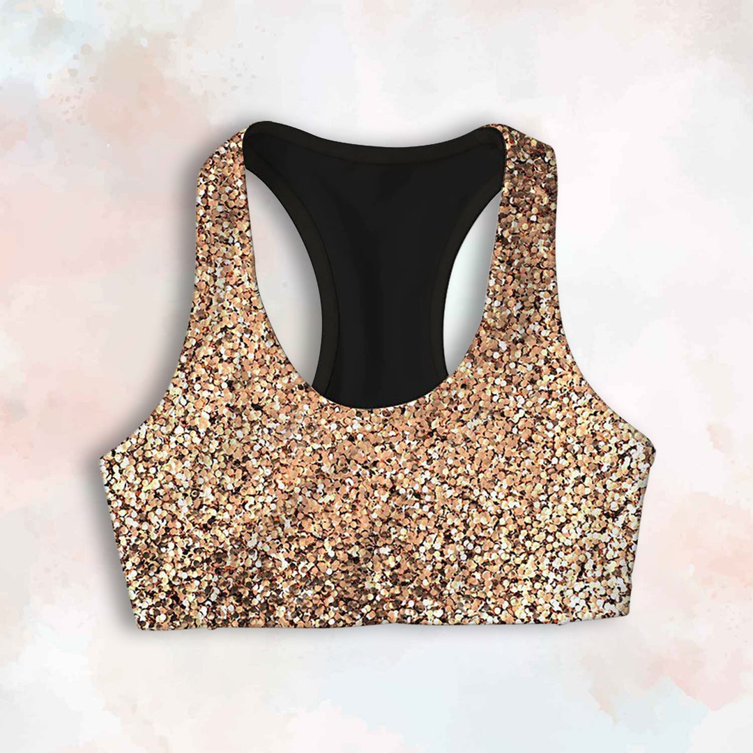 Shiny Sports Bra, Glitter Print Yoga Top, Racerback Crop Top, Seamless ...
