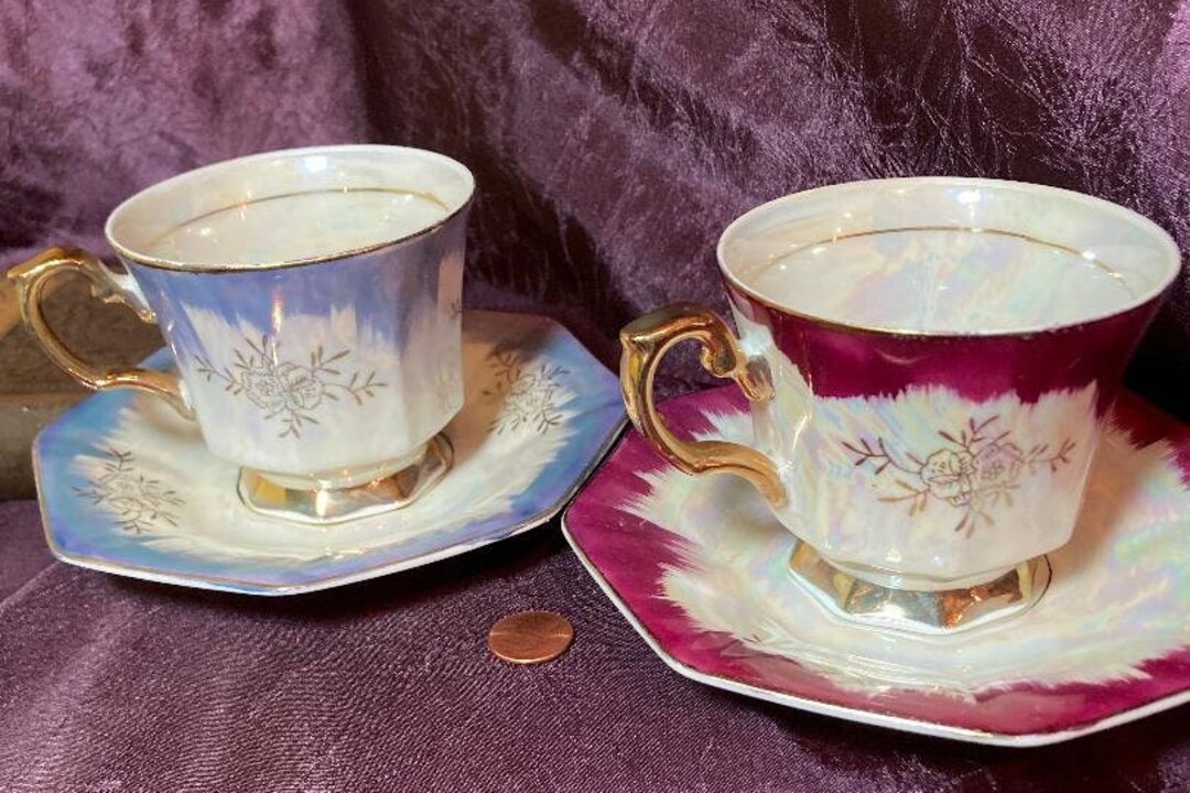 2 Lusterware Tea Cups Pristine, Vintage Hexagon Saucers Gold Flowers ...