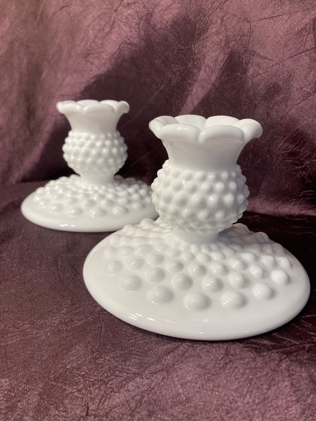 Milk Glass Candle Sticks Hobnail Hob Nail MCM Fenton Indiana White ...