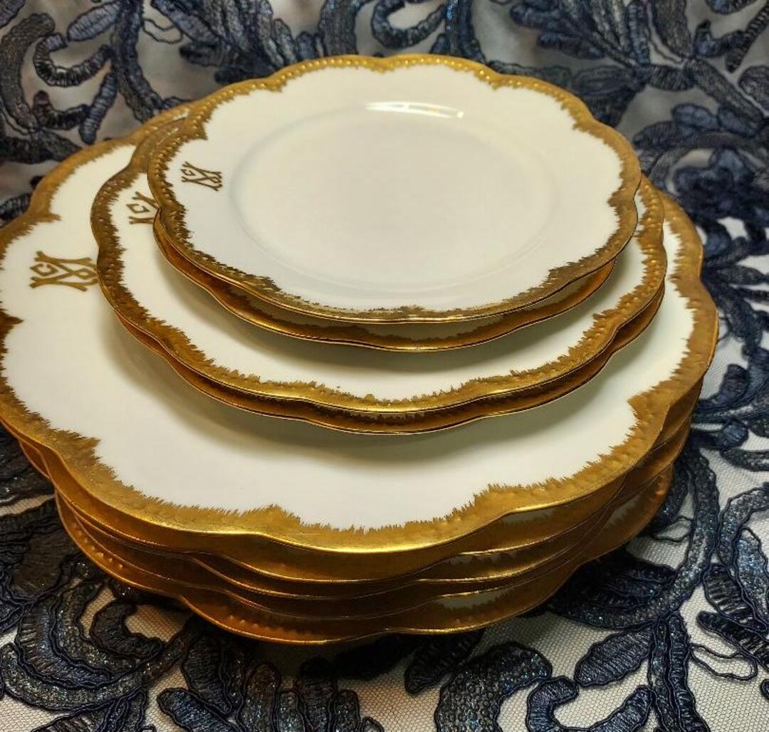 Antique Haviland Ranson Porcelain Plate Set: Gold Rim, Monogrammed ...